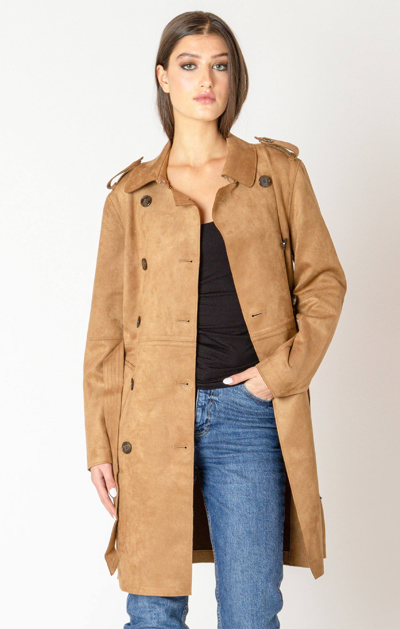 Camel Classic Faux Suede Trench Coat by Dex – Lillians FDL